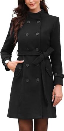 Allegra K Trench-Coat Crois&eacute; Femme Double Boutonnage Col Montant Caban &Eacute;l&eacute;gant Ceintur&eacute; avec Poches Manteau DHiver &agrave; Manches Longues Noir XL