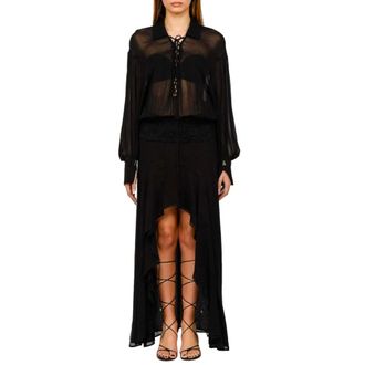 Patrizia Pepe Femme, Robes, Noir, Taille: 40 FR Longue robe en georgette avec d&eacute;tails en dentelle