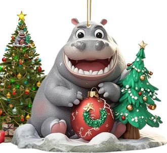 Generic Hippopotamus Weihnachtsbaum -Ornamente - Acryl -Flachautoanh&auml;nger, s&uuml;&szlig;e Hippo -Urlaubsornamente, niedlicher Hippo 2 D Acrylanh&auml;nger f&uuml;r Baum | Hippopo