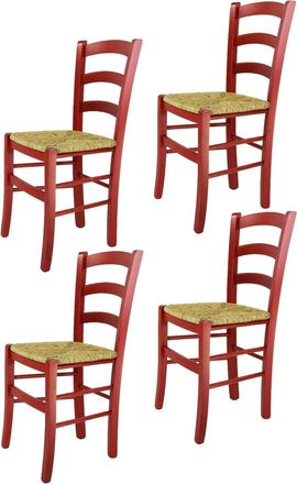Tommychairs Tommychairs - 4er Set St&uuml;hle Venezia f&uuml;r K&uuml;che und Esszimmer, Robuste Struktur aus Buchenholz in Anilinfarbe Rot und Sitzfl&auml;che aus Stroh