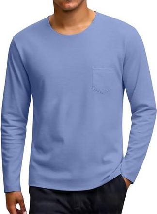 Generic Chemise de pyjama en coton pour homme - Haut uni &agrave; manches longues - Col rond - Coupe ample - Confortable - Respirant - V&ecirc;tements de sport pour lint&eacute;r