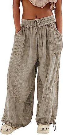 Generic Pantalon baggy décontracté en coton et lin pour femme - Coupe ample - Jambe large - Pantalon de jogging - Pantalon sarouel à enfiler - Confortable - S