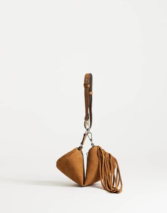 Topshop Jemma kleine Schultertasche aus echtem Leder mit Fransen in Hellbraun