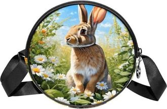 Generic Petit sac &agrave; bandouli&egrave;re circulaire pour femme, motif floral, lapin, sac &agrave; dos &agrave; bandouli&egrave;re avec fermeture &eacute;clair, bretelles r&eacute;glables, sac &agrave; main ron