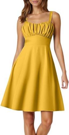 Generic Robes amincissantes sans manches pour femmes, robe d&eacute;t&eacute; pliss&eacute;e &agrave; motif floral uni, robe midi trap&egrave;ze fluide, jaune, XXL