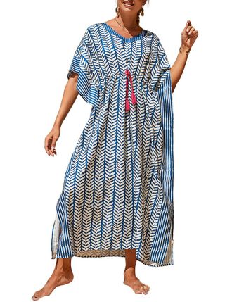 Bsubseach Blau Streifen Strand Kaftan Kleider für Frauen Kurzarm Badeanzug Cover Ups für Bademode