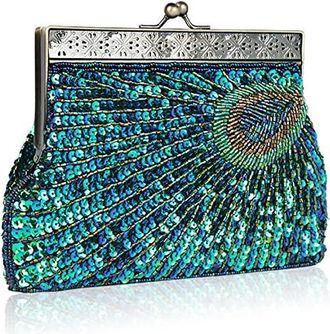 YYW Pochette vintage à paillettes bleu sarcelle paon insolite antique perles paillettes sac à main de soirée femme mode designer élégant sac à main, bleu 