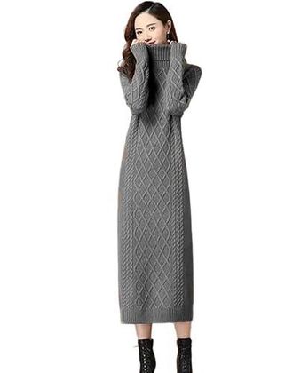 Generic Robe pull &agrave; col haut pour femme - Robe dhiver &eacute;paisse en tricot torsad&eacute;, gris, XXL