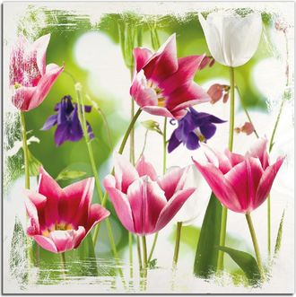 Wallario Wandbild aus Holz Blühende Blumen im Frühling in pink und weiß - 40 x 40 cm in Premium-Qualität: Brillante Farben