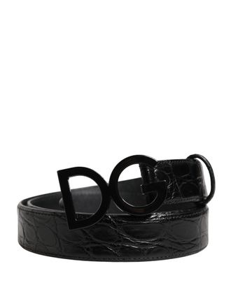 Dolce & Gabbana Men Black Exotic Leather Logo Buckle Belt Caiman