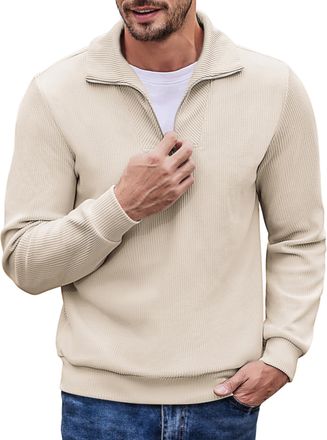 Coofandy Herren Pullover mit Half Reißverschluß Pulli Langarm Business Troyer Beige XL