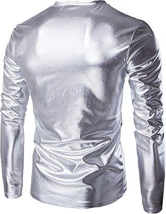 Generic Chemise Noir Argent Hommes Métallique Brillant Effet Mouillé T-shirt à Manches Longues de la Coupe Mince Haut Col en V Blouse Chemises Imprimé Hommes,