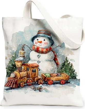 Generic Sac fourre-tout en toile motif bonhomme de neige, motif train dhiver vintage, sacs de courses r&eacute;utilisables, fantaisie, rustique, l&eacute;ger, lavable, toil