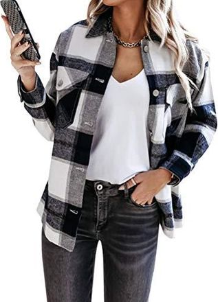 TOMWELL Veste a Carreaux Femme Surchemise en Laine Femme Veste a Carreaux Chemise Décontracté Oversized Femme Blouse A Noir XS