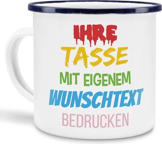 Tassendruck Tasse selbst gestalten/mit eigenem Text beschriften/Wunsch-Name/Spruch-Tasse/Emaille - Rand Blau/Mittig gegenüber vom Henkel Bedruckt