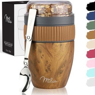 Milu gobelet &agrave; emporter 400ml I gobelet &agrave; yaourt isol&eacute; en acier inoxydable pour le muesli I gobelet anti-fuite avec cuill&egrave;re pour le yaourt/porridge (aspec