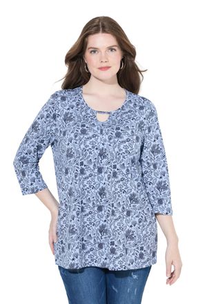 Ulla Popken Damen gro&szlig;e Gr&ouml;&szlig;en &Uuml;bergr&ouml;&szlig;en Plus Size Shirt, Bl&uuml;ten, A-Linie, Rundhals, 3/4-Arm hellblau 50+ 835092708-50+