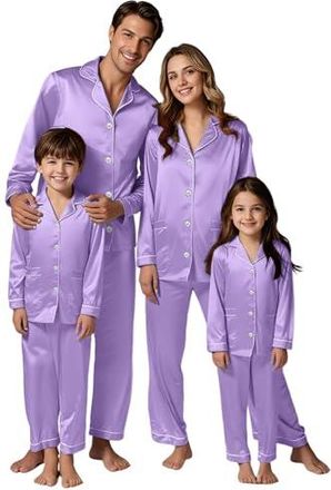 Generic Pyjama de No&euml;l assorti pour la famille, manches longues, col &agrave; revers boutonn&eacute;, v&ecirc;tement de nuit en satin de soie uni avec poches, v&ecirc;tements de d&eacute;tent