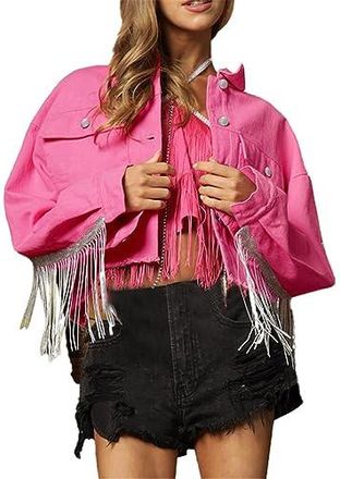 Generic Veste en jean press&eacute;e &agrave; franges &agrave; paillettes pour femme, rose vif, S