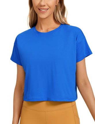 CRZ YOGA Damen Kurzarm Sport Tshirt Loose Baumwolle Fitness Crop Top Sommer Gym Workout Cropped Oberteile Starkes Blau 40