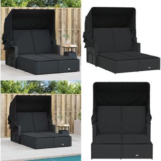 vidaXL Vidaxl - Doppel-Sonnenliege mit Dach und Auflagen Schwarz Poly Rattan - Doppel-Sonnenliege - Liege - Gartenm&ouml;bel - Outdoorm&ouml;bel - Pool Accessoire