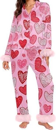 Generic Ensemble de pyjama 2 pi&egrave;ces en satin de soie pour femme avec bordure en plumes, chemise boutonn&eacute;e, pantalon de d&eacute;tente, ensemble de pyjama 2 pi&egrave;ces av