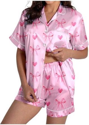 Generic Ensemble pyjama &agrave; manches courtes et col en V imprim&eacute; pour femme avec poche boutonn&eacute;e et short &agrave; manches courtes pour la Saint-Valentin 2026, rose, XX