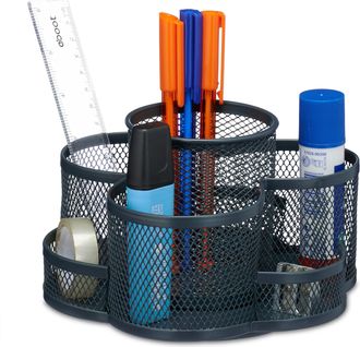 Relaxdays Stiftehalter drehbar, 7 Fächer, Metall, HBT: 10,5 x 16 x 17 cm, Stifteaufbewahrung Schreibtisch, anthrazit