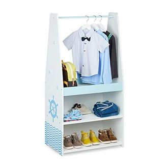 Relaxdays Kleiderständer Kinder, HxBxT: 120 x 60 x 40 cm, Kleiderstange, 3 Fächer, Garderobe Kinderzimmer, blau/weiß