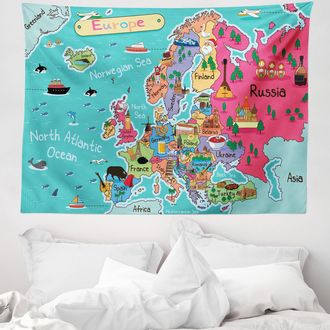 Abakuhaus Karte Wandteppich, Illustration Einer Europakarte mit Wahrzeichen und im Cartoon-Stil, aus Weiches Mikrofaser Stoff Wand Dekoration Für Schlafzimmer, 