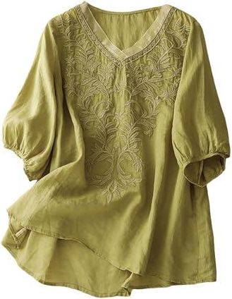 Generic T-shirt &eacute;l&eacute;gant pour femme - Col en V - Chemise en lin pour femme - Manches courtes - Broderie - Chemisier d&eacute;t&eacute; vintage - Chemisier d&eacute;t&eacute; tendance - Ch