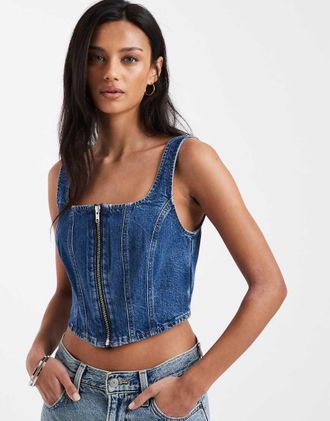 Levi's Korsett-Jeansoberteil in Indigoblau mit eckigem Ausschnitt und Ziernaht-Marineblau