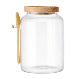 KitchenCraft Idilica Glasbeh&auml;lter mit Buchenholzdeckel und Bambusl&ouml;ffel, luftdichter Glaskanister mit Holzdeckel zur Aufbewahrung und Organisation in der K&uuml;che, 12