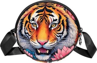 Generic Petit sac &agrave; bandouli&egrave;re rond pour femme, motif fleur de tigre, sac &agrave; dos avec fermeture &eacute;clair, bretelles r&eacute;glables, sac &agrave; main rond d&eacute;contract&eacute; pour 