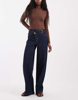 Vero Moda Rae Wide-Leg-Jeans mit Wickelbund in dunkler Waschung-Marineblau