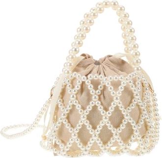 IFUNDOM OUNONA Paquet Seau Perl&eacute; Blanc Tiss&eacute; Main en Perles Ajour&eacute; Paquet &agrave; Main Femme &Eacute;l&eacute;gant pour Vacances Fourre-Tout de Plage et Soir&eacute;e Pochette Habill&eacute;e 