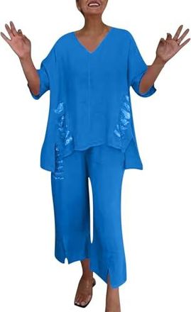 Generic Ensemble 2 pi&egrave;ces en coton et lin avec col en V pour femme - Paillettes d&eacute;chir&eacute;es - Ensemble d&eacute;contract&eacute; - Grande taille - Pantalon pour mariage, bleu