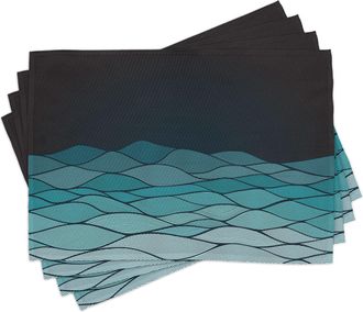 Abakuhaus Wellen Platzmatten, Blau Ombre Abstrakt Curves, für die Küche das Esszimmer Waschbarer Stoff mit Digitaldruck, Dunkel Petrol Blue and Sea Blue