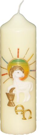 MaMeMi Osterkerze 165 x 50 mm - mit LAMM GOTTES, SONNE & KELCH - festliche KIRCHEKERZE mit ALPHA & OMEGA - christliche SYMBOLKERZE für OSTERN, TAUFE, KOMMUNI