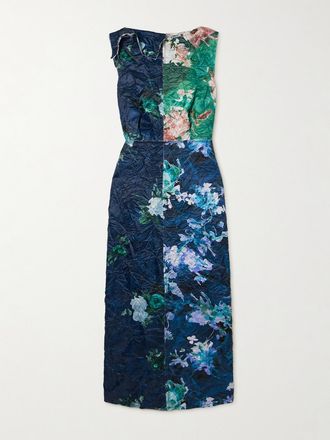 Erdem Robe Midi En Satin Froissé Effilé À Imprimé Fleuri - Bleu