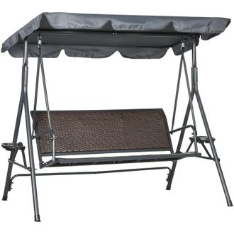 OUTSUNNY Balancelle de jardin 3 places - auvent r&eacute;glable, plateaux porte-gobelets - r&eacute;sine tress&eacute;e pe brun acier polyester gris