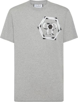 Philipp Plein Homme, Tops, Gris, Taille: 4XL T-shirt Col Rond Manches Courtes Hexagone