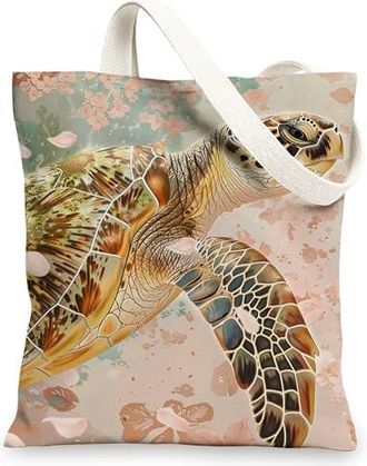 Generic Sacs fourre-tout en toile motif tortue, respectueux de lenvironnement, réutilisables, motif floral artistique, léger, lavable, Multicolore, 13x15 Inch