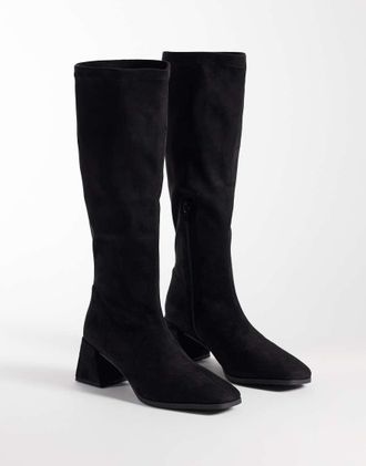 London Rebel Angela bottes hauteur genou en su&eacute;dine stretch &agrave; talon carr&eacute; noir