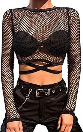 ORANDESIGNE Top Dentelle Sexy Transparent Haut T-Shirt Femme en Résille Perspectif Manches Longues Crop Top Mesh Col Rond Chemise Slim Fit Babydolls Soirée C Noir