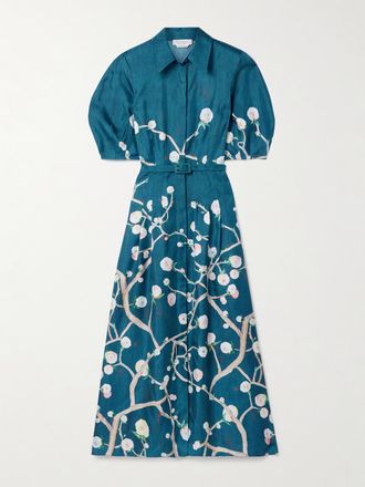Gabriela Hearst Maude Midi-hemdblusenkleid Aus Seiden-twill Mit Blumenprint Und G&uuml;rtel - Blau