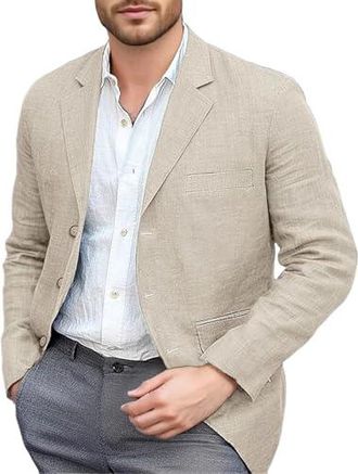 Generic Veste de costume l&eacute;g&egrave;re en lin pour homme - 3 boutons - Blazer non doubl&eacute; - Pour l&eacute;t&eacute;, la plage, le sport - Avec poche, beige, XXL