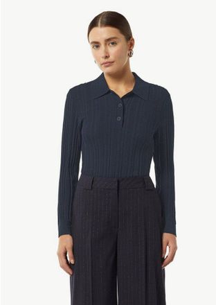 Comma Strickpullover Pullover mit Polokragen (1-tlg) Knopfleiste, Rippstrick, Slim Fit