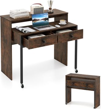 Giantex Schreibtisch, Computertisch mit Regal, 4 Schubladen & Rollen, PC Tisch f&uuml;r Home Office & Arbeitszimmer, 100 x 63 x 88 cm (Braun)