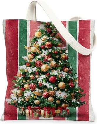 Generic Sacs fourre-tout en toile motif sapin de No&euml;l, sacs de courses r&eacute;utilisables, color&eacute;s, vintage, l&eacute;gers et lavables pour f&ecirc;te, voyage, &eacute;picerie, 33 x 3